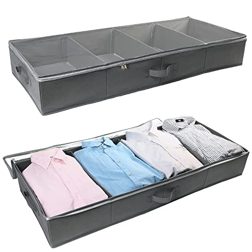 LotFancy Under Bed Storage Containers, Detachable Dividers, 2 Pack, Closet Underbed Clothes Blanket Organizer, 39.3x16.5x6 in, with 4 Handles and Large Clear Window, Sturdy, Large, Gray