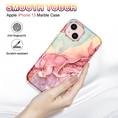 CASEFIV Compatible with iPhone 13 Case, Marble Pattern 3 in 1 Heavy Duty Shockproof Full Body Rugged Hard PC+Soft Silicone Drop Protective Girls Women Cover for iPhone 13 6.1 inch 2021, Rose Gold