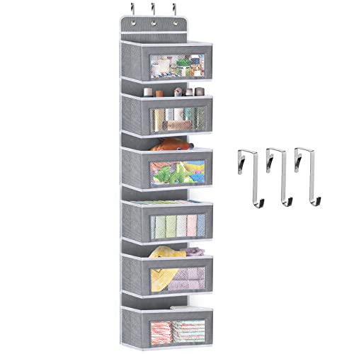 Vaisoz Over The Door Organizer,6 Pockets Fabric Over The Door Storage with Mesh Perspective Window,Wall Mount Hanging Organizer for Bedroom Pantry Closet,Baby Storage-Grey