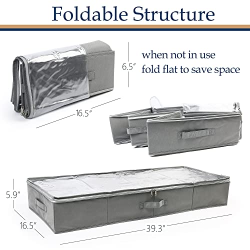 LotFancy Under Bed Storage Containers, Detachable Dividers, 2 Pack, Closet Underbed Clothes Blanket Organizer, 39.3x16.5x6 in, with 4 Handles and Large Clear Window, Sturdy, Large, Gray