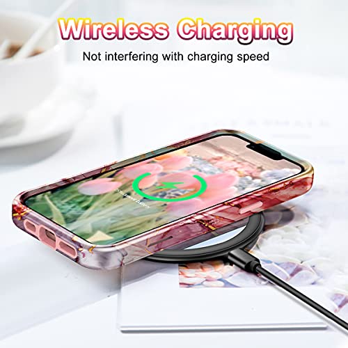CASEFIV Compatible with iPhone 13 Case, Marble Pattern 3 in 1 Heavy Duty Shockproof Full Body Rugged Hard PC+Soft Silicone Drop Protective Girls Women Cover for iPhone 13 6.1 inch 2021, Rose Gold