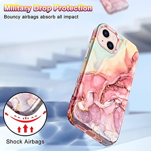 CASEFIV Compatible with iPhone 13 Case, Marble Pattern 3 in 1 Heavy Duty Shockproof Full Body Rugged Hard PC+Soft Silicone Drop Protective Girls Women Cover for iPhone 13 6.1 inch 2021, Rose Gold