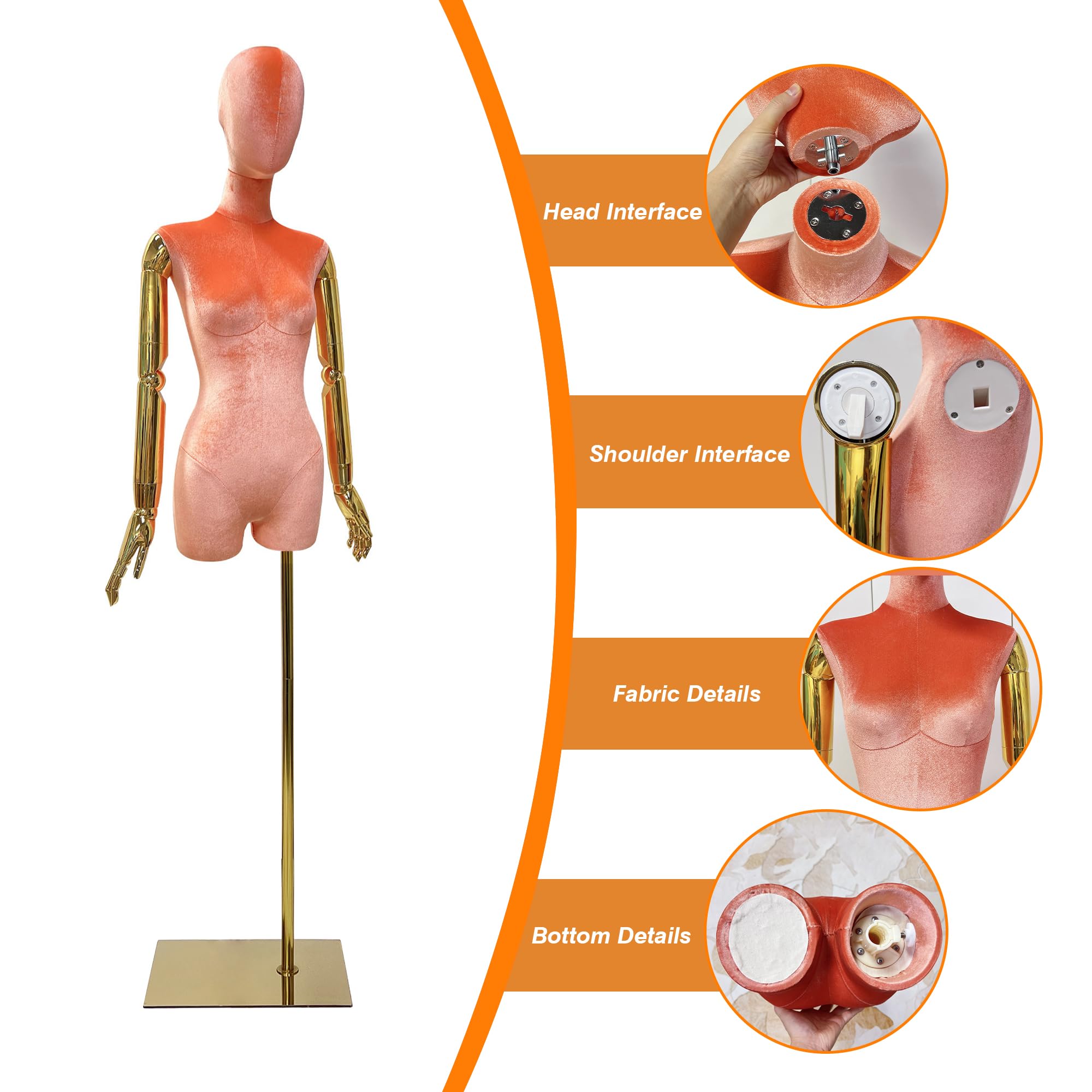 JELIMATE Female Mannequin Torso with Stand Velvet Fabric Display Retail Mannequins Dress Form Model for Boutique Display Manikin with Golden Arms