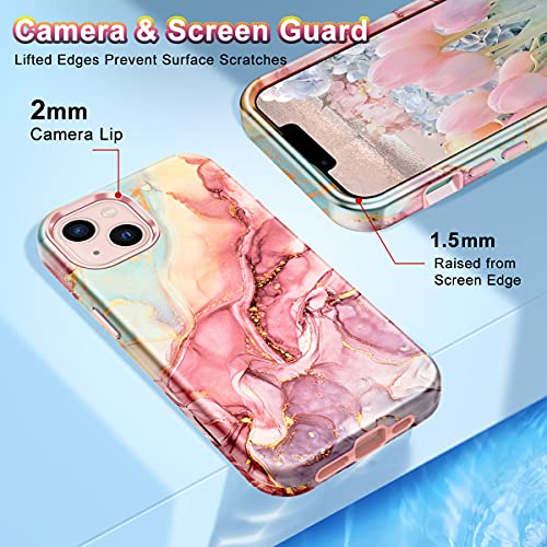 CASEFIV Compatible with iPhone 13 Case, Marble Pattern 3 in 1 Heavy Duty Shockproof Full Body Rugged Hard PC+Soft Silicone Drop Protective Girls Women Cover for iPhone 13 6.1 inch 2021, Rose Gold