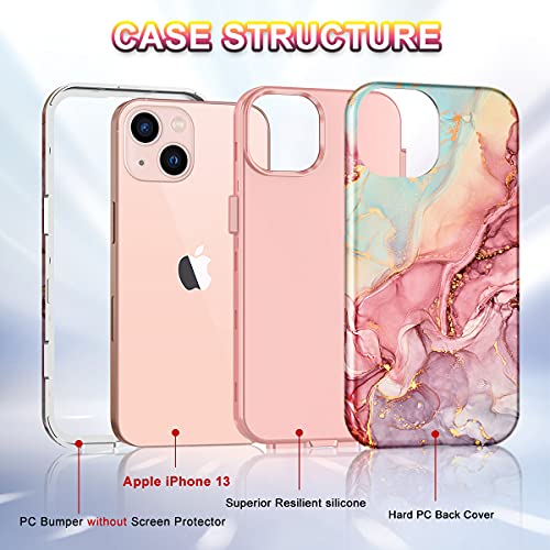 CASEFIV Compatible with iPhone 13 Case, Marble Pattern 3 in 1 Heavy Duty Shockproof Full Body Rugged Hard PC+Soft Silicone Drop Protective Girls Women Cover for iPhone 13 6.1 inch 2021, Rose Gold