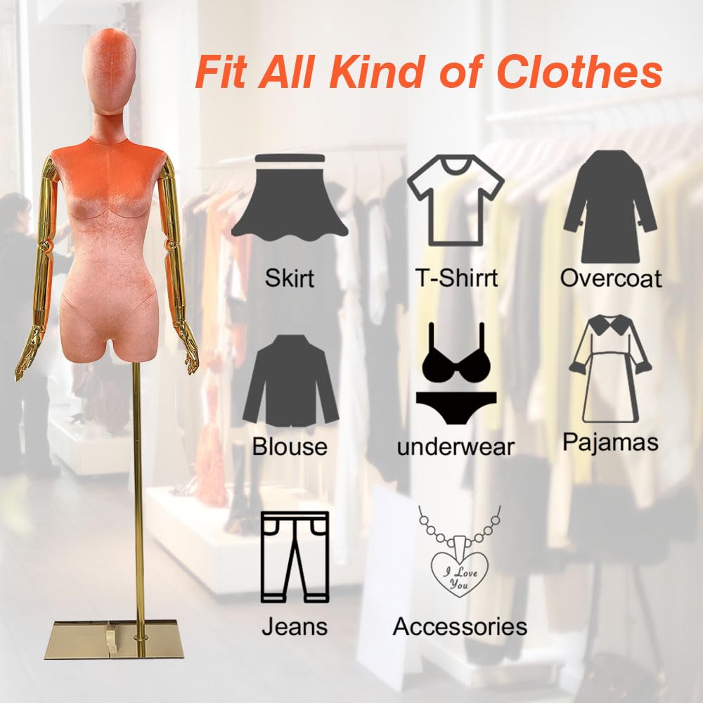 JELIMATE Female Mannequin Torso with Stand Velvet Fabric Display Retail Mannequins Dress Form Model for Boutique Display Manikin with Golden Arms