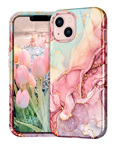 CASEFIV Compatible with iPhone 13 Case, Marble Pattern 3 in 1 Heavy Duty Shockproof Full Body Rugged Hard PC+Soft Silicone Drop Protective Girls Women Cover for iPhone 13 6.1 inch 2021, Rose Gold