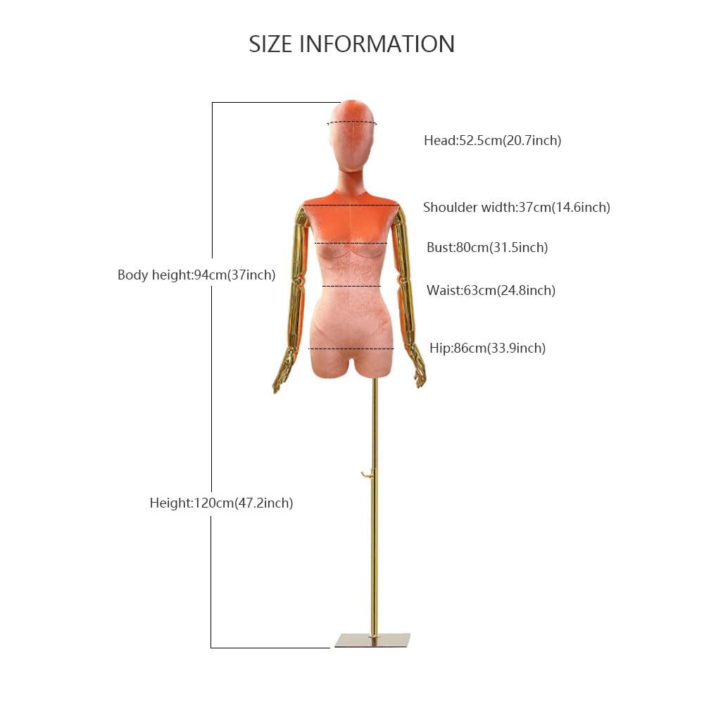 JELIMATE Female Mannequin Torso with Stand Velvet Fabric Display Retail Mannequins Dress Form Model for Boutique Display Manikin with Golden Arms