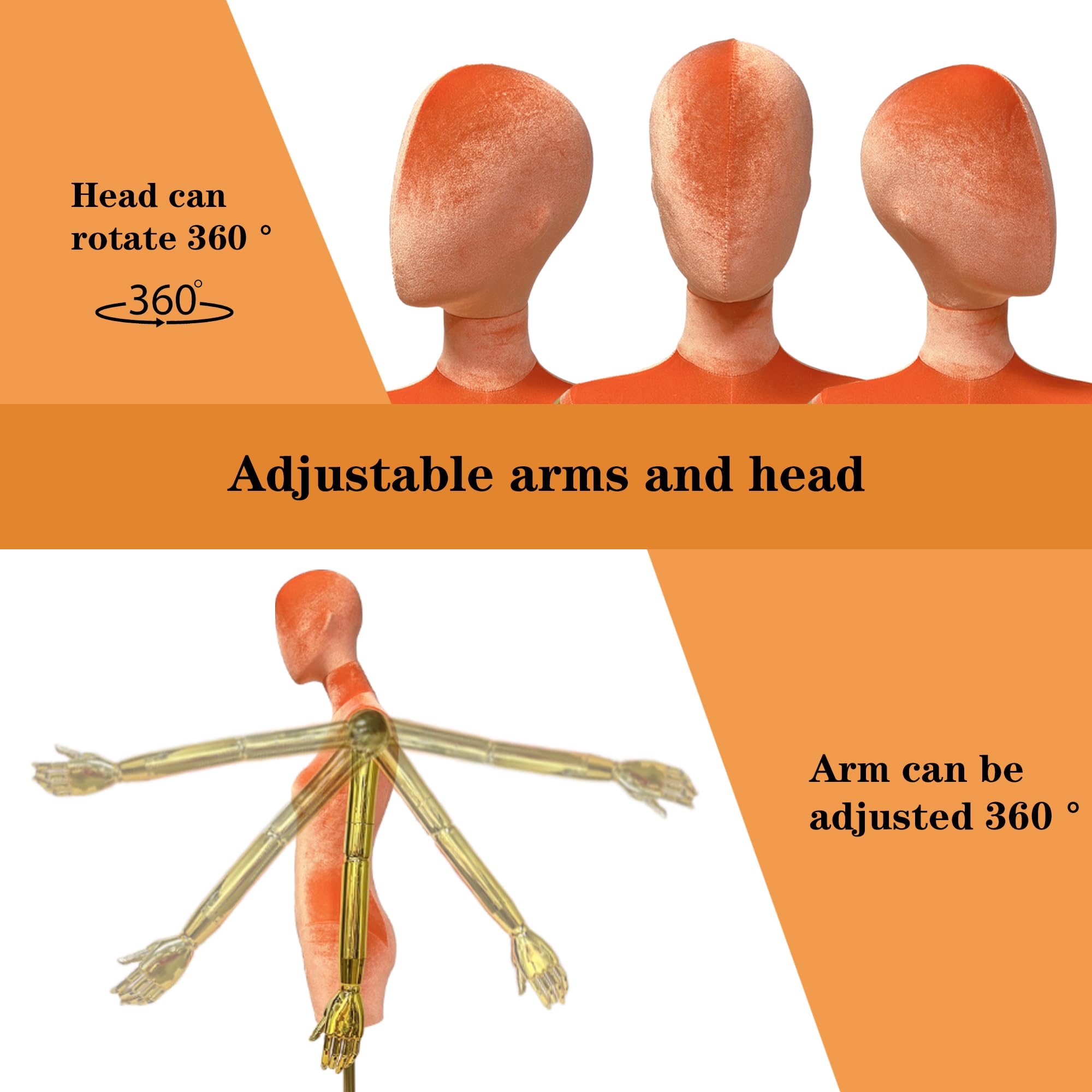 JELIMATE Female Mannequin Torso with Stand Velvet Fabric Display Retail Mannequins Dress Form Model for Boutique Display Manikin with Golden Arms