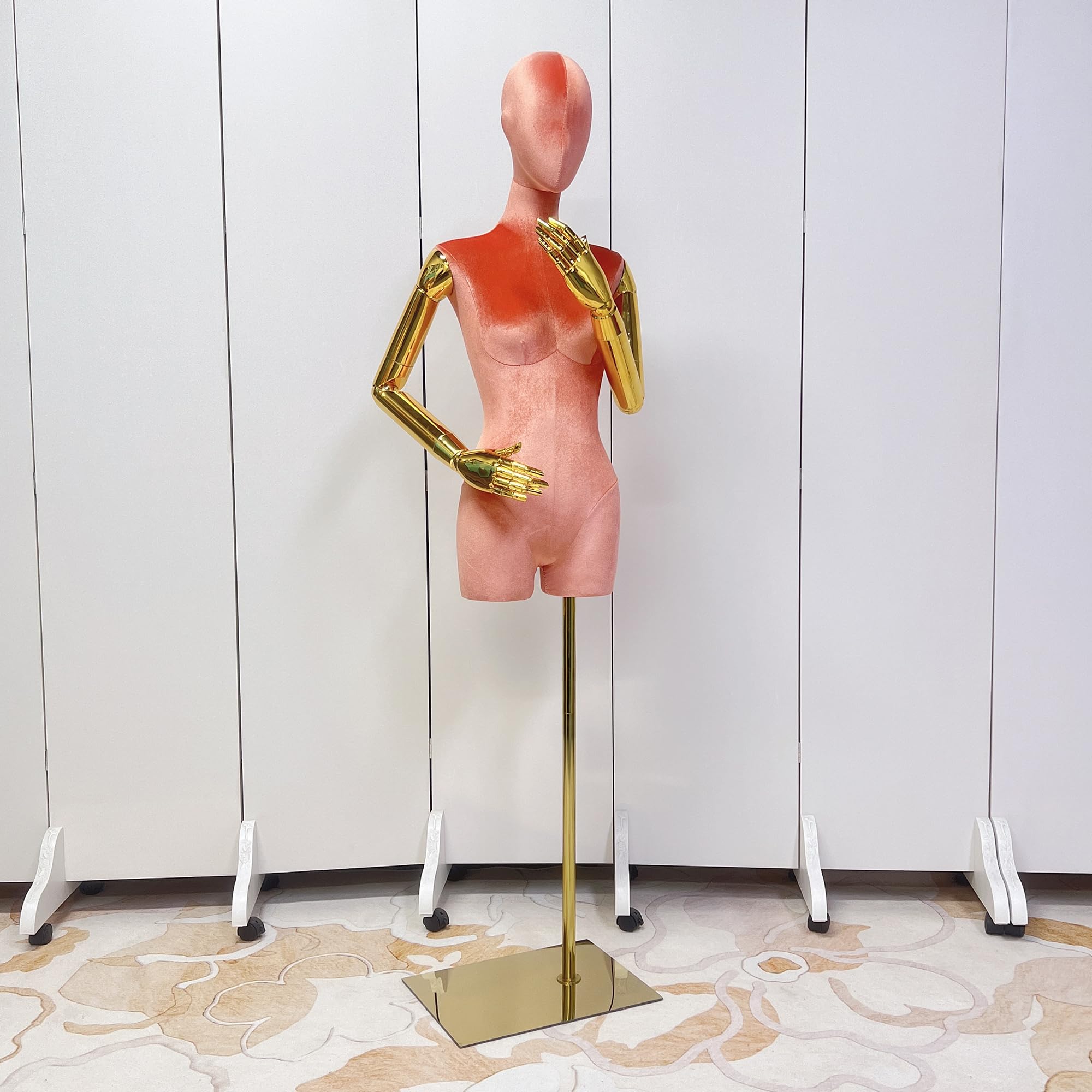 JELIMATE Female Mannequin Torso with Stand Velvet Fabric Display Retail Mannequins Dress Form Model for Boutique Display Manikin with Golden Arms