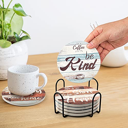 Homotte Coasters for Drinks Absorbent Set of 6, Farmhouse Style Coaster for Coffee Table with Holder and Cork Base, Suitable for Home Decor Bar Housewarming