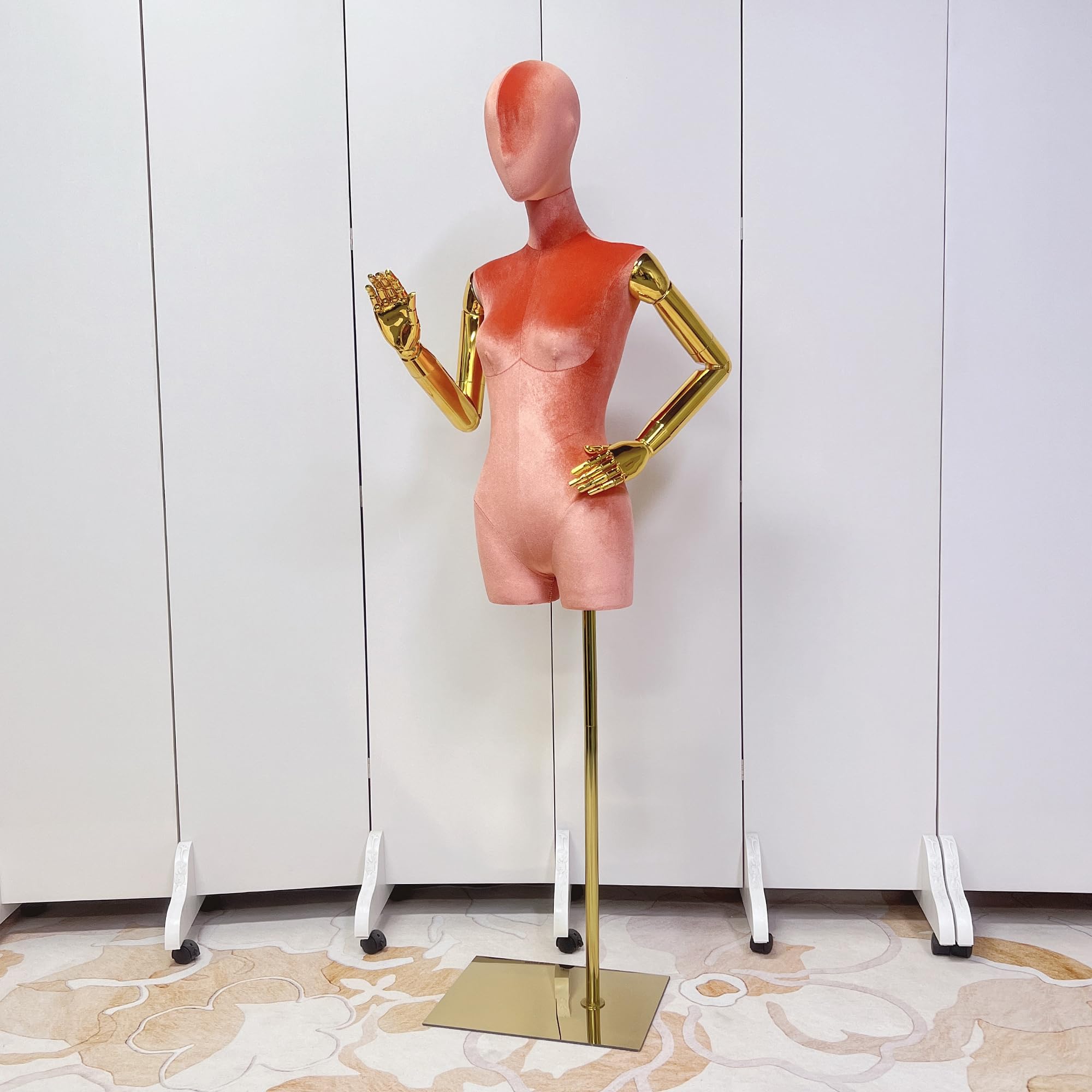 JELIMATE Female Mannequin Torso with Stand Velvet Fabric Display Retail Mannequins Dress Form Model for Boutique Display Manikin with Golden Arms