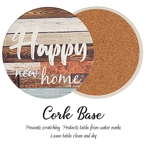 Homotte Coasters for Drinks Absorbent Set of 6, Farmhouse Style Coaster for Coffee Table with Holder and Cork Base, Suitable for Home Decor Bar Housewarming