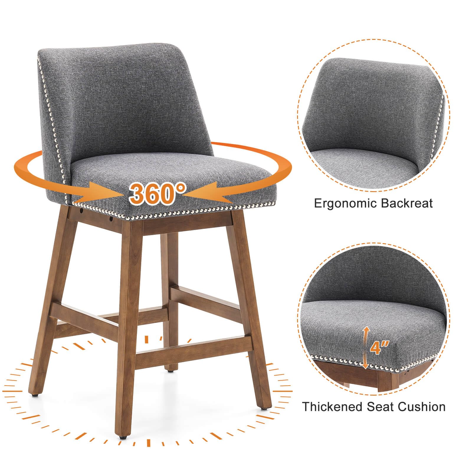 SENYUN Swivel Bar Stools Set of 4, 26" Counter Height Bar Stools with Back, Linen Fabric Upholstered Seat Barstool with Wooden Base for Kitchen Island Dining Room Pub