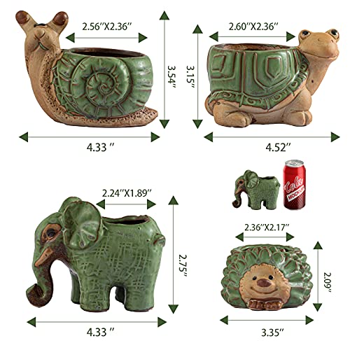 Small Succulent Pots with Drainage, Ceramic Animal Planter, Indoor Plant Pots, Cute Cactus/Bonsai Small Flower Pots for Home Decor and Office Desk Decoration, A Set of 4 Pieces is Suitable as A Gift