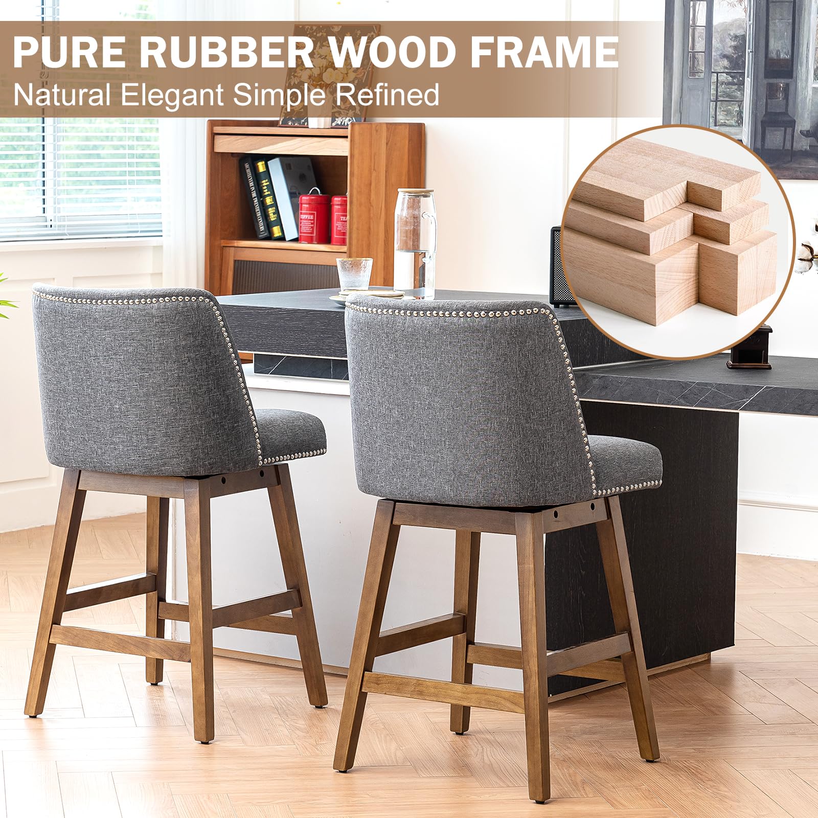 SENYUN Swivel Bar Stools Set of 4, 26" Counter Height Bar Stools with Back, Linen Fabric Upholstered Seat Barstool with Wooden Base for Kitchen Island Dining Room Pub