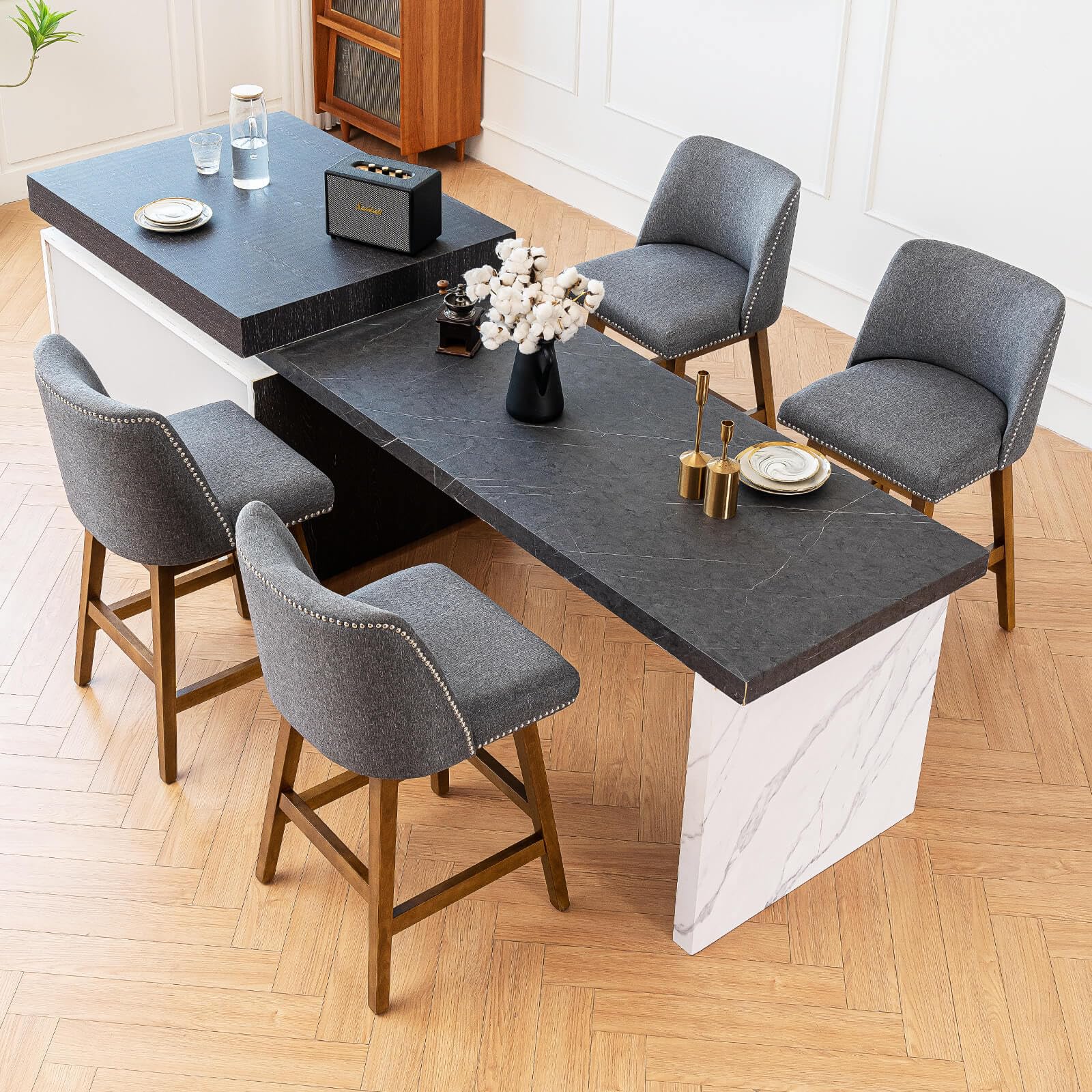 SENYUN Swivel Bar Stools Set of 4, 26" Counter Height Bar Stools with Back, Linen Fabric Upholstered Seat Barstool with Wooden Base for Kitchen Island Dining Room Pub