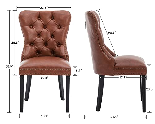 CIMOTA PU Leather Dining Chairs Set of 2, Upholstered Modern Tufted Dining Room Chairs Nailhead Trim Armless Side Chair with Solid Wood for Kitchen/Dining Room/Bedroom (Brown, Ring on The Back)