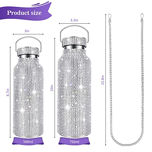 Diamond Water Bottle, Bling Diamond Vacuum Flask, Sparkling Diamond Water Bottle, High-Grade Stainless Steel Rhinestone Vacuum Flask, Leak-Proof Vacuum Flask With Chain (Silver, 500ML)