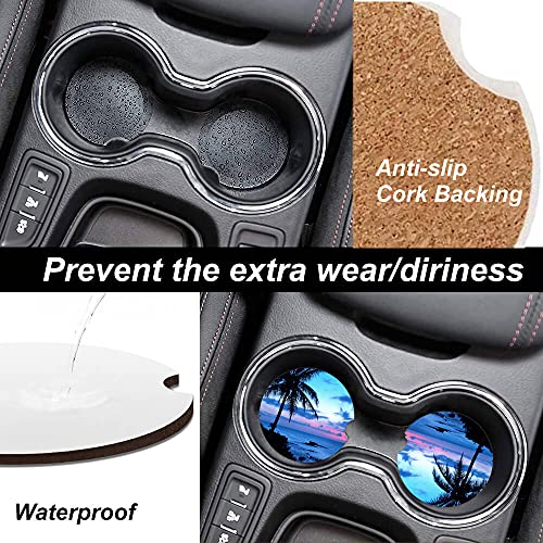 Ceramic Cup Holders Car Coasters for Women/Men,Absorbent Drink Cup Car Holder Coasters with A Finger Notch 2.56" Pack of 2,Tropical Ocean Beach Scene with Palm Trees