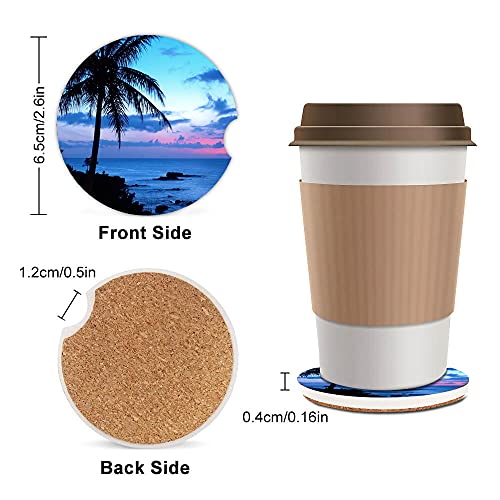 Ceramic Cup Holders Car Coasters for Women/Men,Absorbent Drink Cup Car Holder Coasters with A Finger Notch 2.56" Pack of 2,Tropical Ocean Beach Scene with Palm Trees
