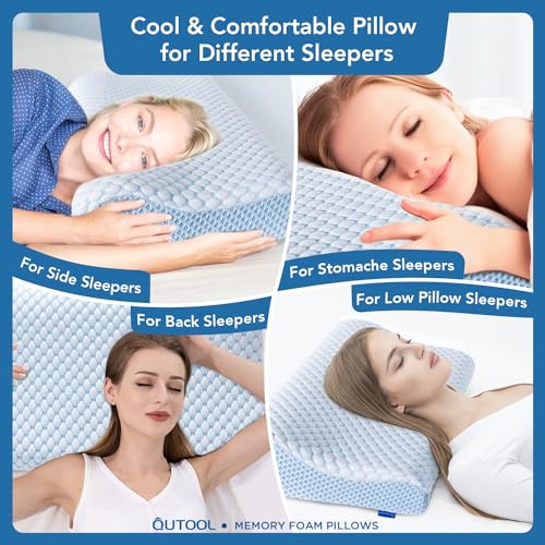QUTOOL Neck Support Pillow for Sleeping, Cooling Memory Foam Pillow for Neck and Shoulder, Bed Pillow Side Back Stomach Sleeper Pillow for Adults