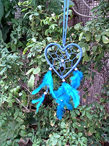 FIKIMOS Dream Catchers Wall Decor, Handmade Feather Bedroom Home Car Decor Nursery Room Hanging Decoration (3" Blue Heart)