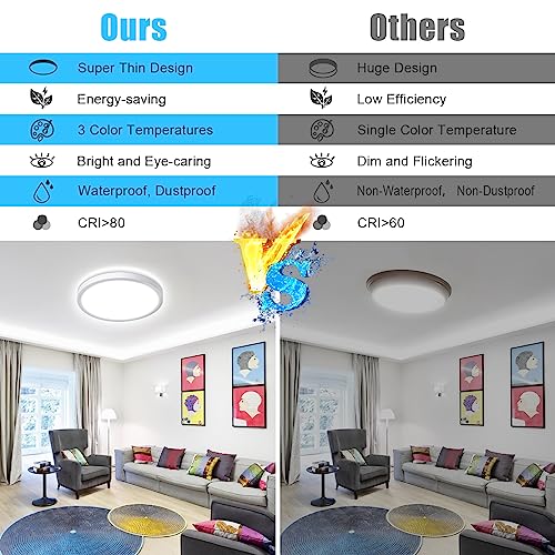 Wowag 2PACK LED Flush Mount Ceiling Light Fixture,12 Inch Super Slim 24W 2200lm,3000k/4000k/6000K 3 Color Selectable Surface Mount Low Profile Ceiling Lamp for Bedroom,Kitchen,Dining Room(White)