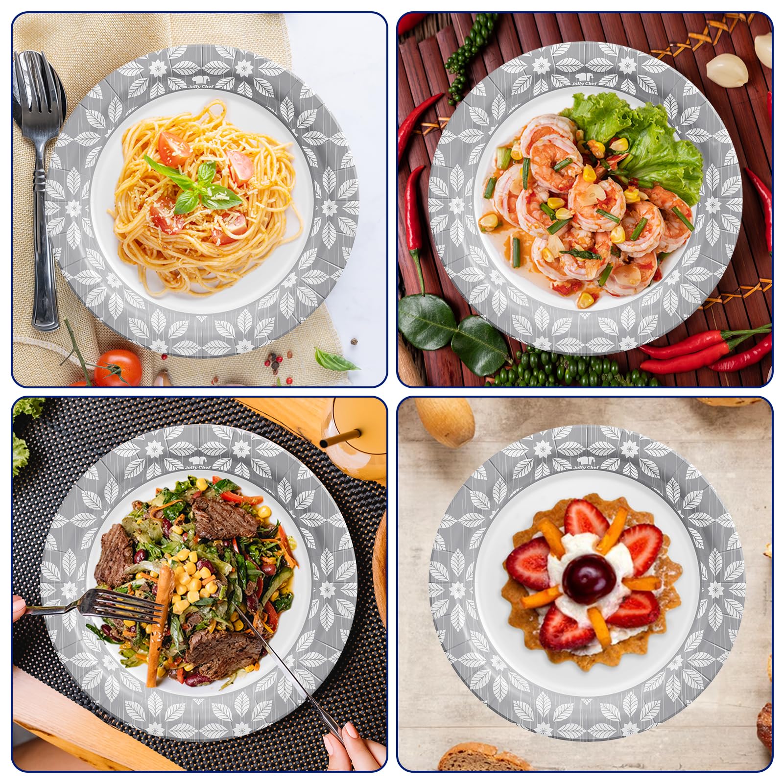 JOLLY CHEF 10 inch 140 Pack Disposable Paper Plates,Soak Proof, Cut Proof, Heavy Duty Printed Paper Plates for Everyday Use