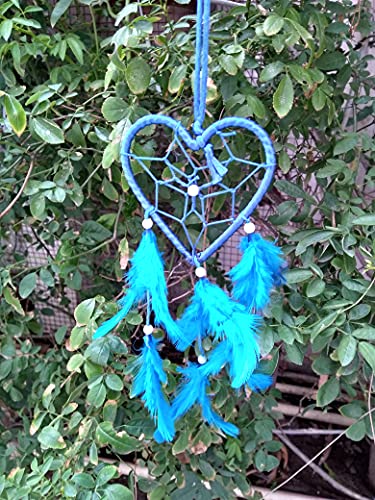 FIKIMOS Dream Catchers Wall Decor, Handmade Feather Bedroom Home Car Decor Nursery Room Hanging Decoration (3" Blue Heart)