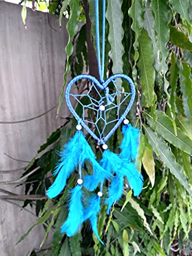 FIKIMOS Dream Catchers Wall Decor, Handmade Feather Bedroom Home Car Decor Nursery Room Hanging Decoration (3" Blue Heart)