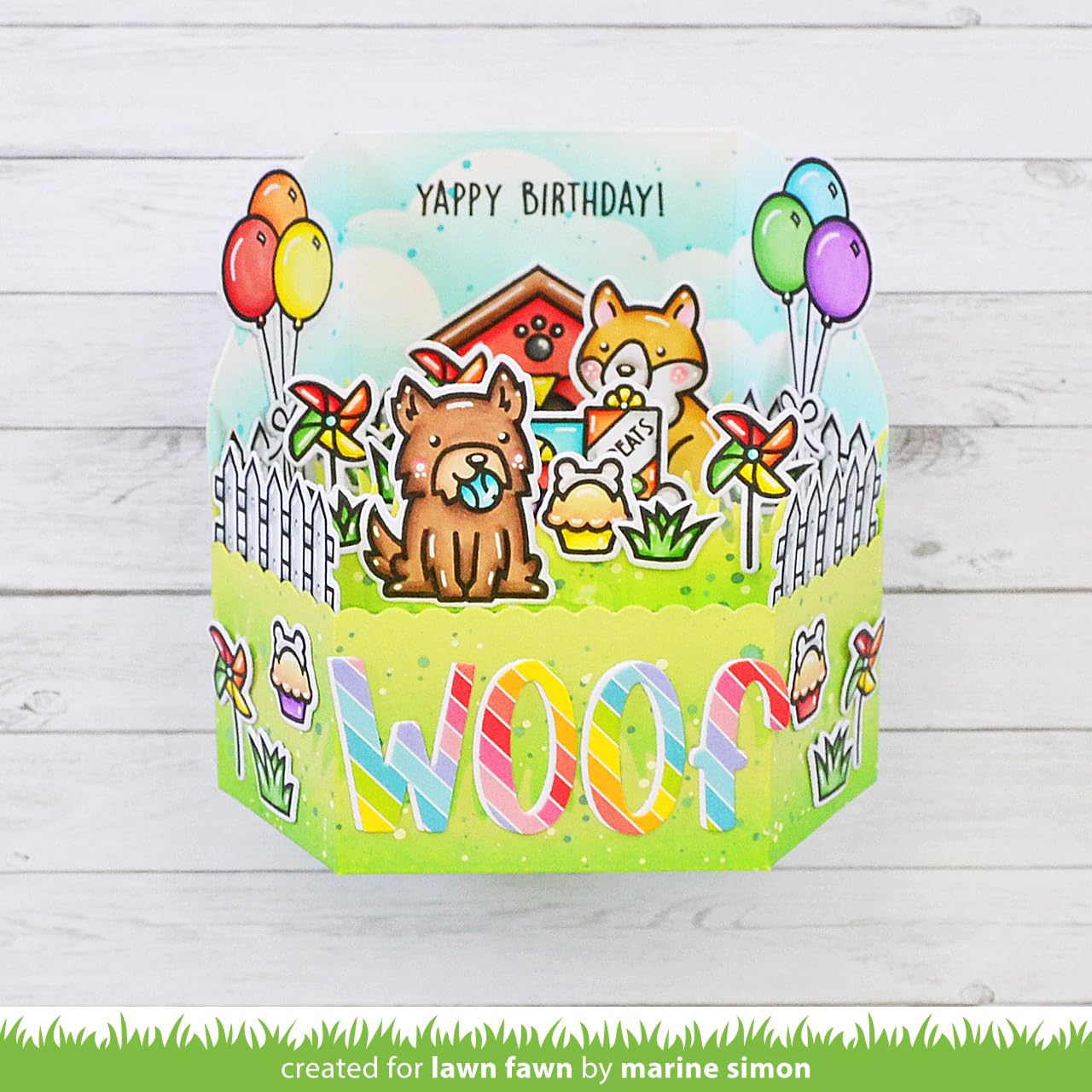 Lawn Fawn Yappy Birthday 4"x6" Clear Stamp Set, Coordinating Die Set, Carnora Storage Pocket, Bundle of 3 Items