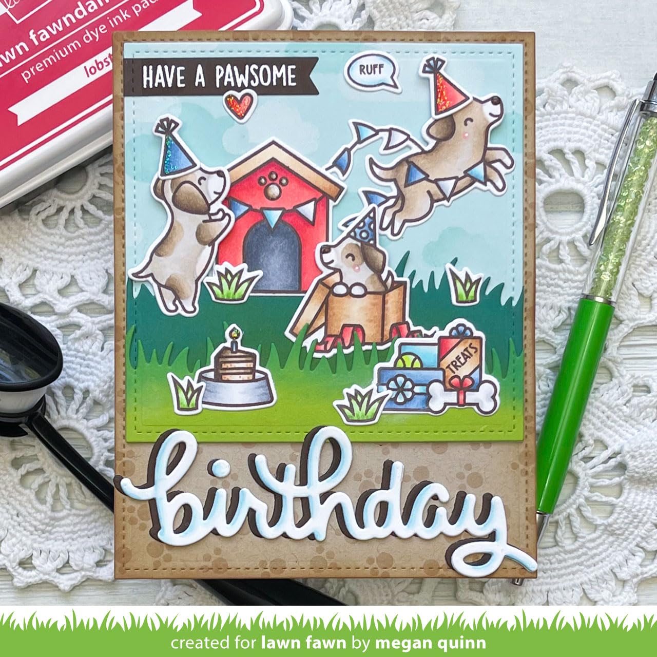 Lawn Fawn Yappy Birthday 4"x6" Clear Stamp Set, Coordinating Die Set, Carnora Storage Pocket, Bundle of 3 Items