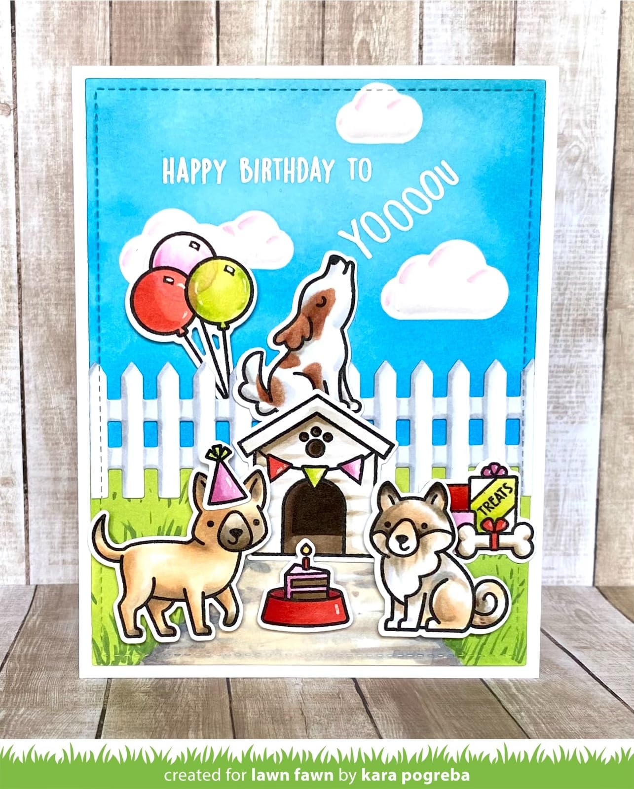 Lawn Fawn Yappy Birthday 4"x6" Clear Stamp Set, Coordinating Die Set, Carnora Storage Pocket, Bundle of 3 Items