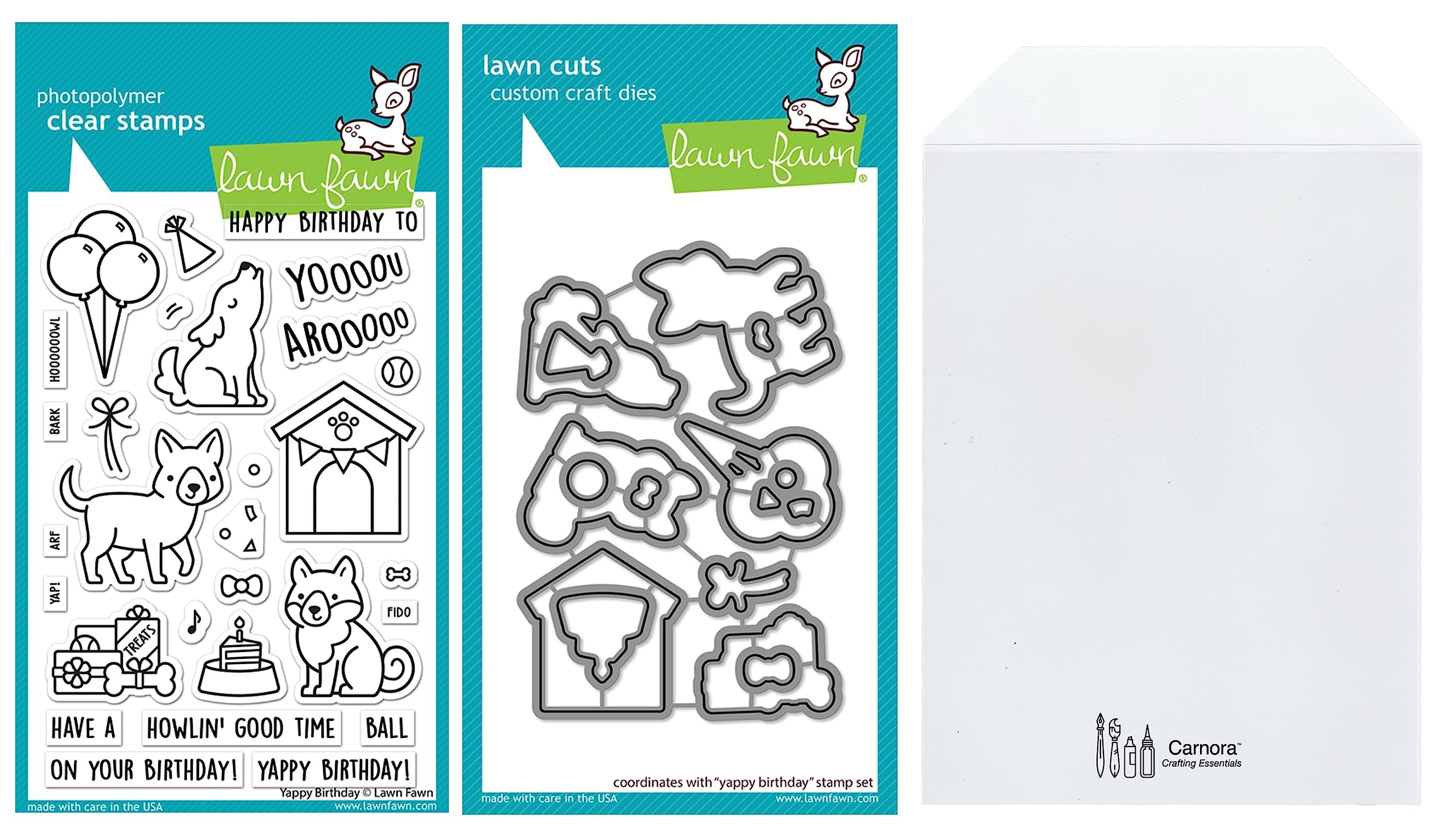 Lawn Fawn Yappy Birthday 4"x6" Clear Stamp Set, Coordinating Die Set, Carnora Storage Pocket, Bundle of 3 Items