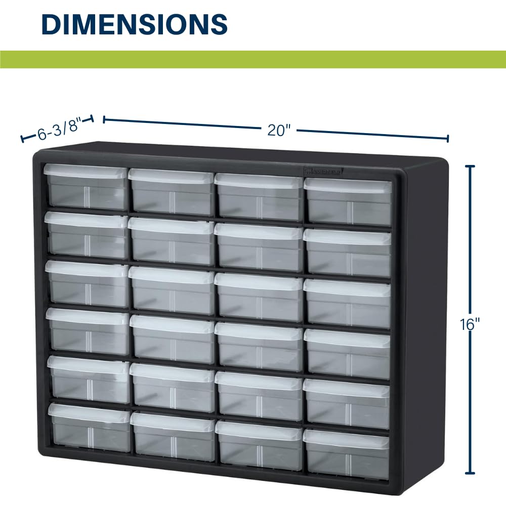 Akro-Mils 10124, 24 Drawer Plastic Parts Storage Hardware and Craft Cabinet, 20-Inch W x 6-Inch D x 16-Inch H, Black