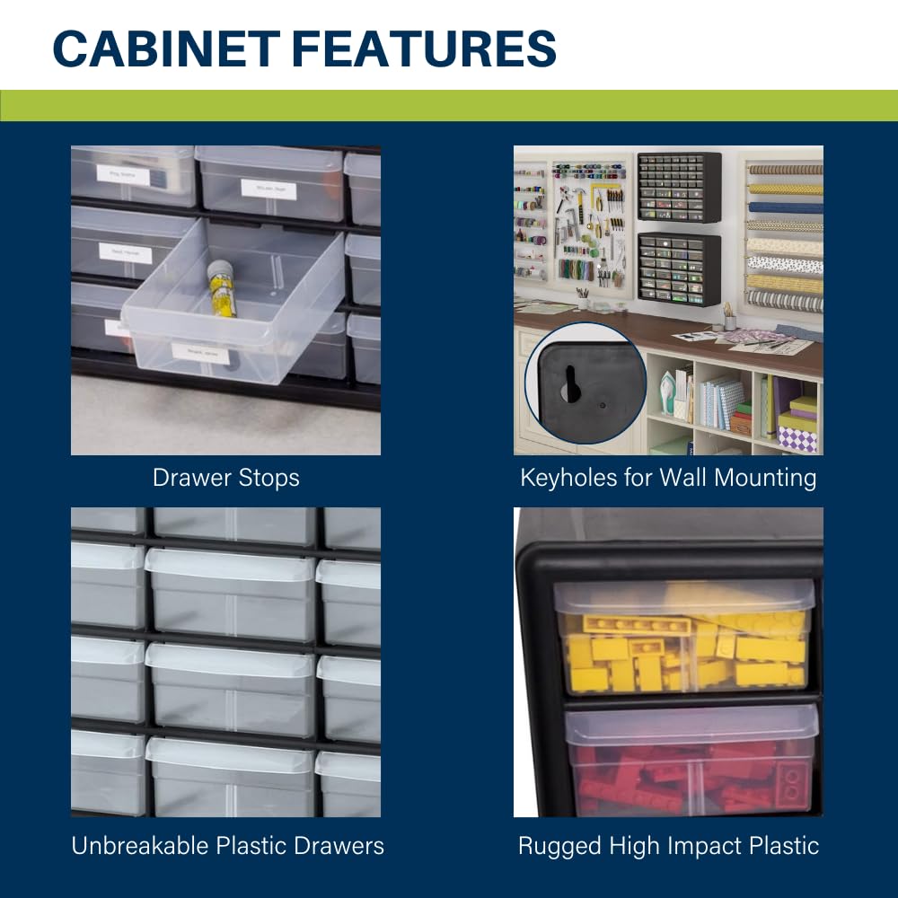 Akro-Mils 10124, 24 Drawer Plastic Parts Storage Hardware and Craft Cabinet, 20-Inch W x 6-Inch D x 16-Inch H, Black