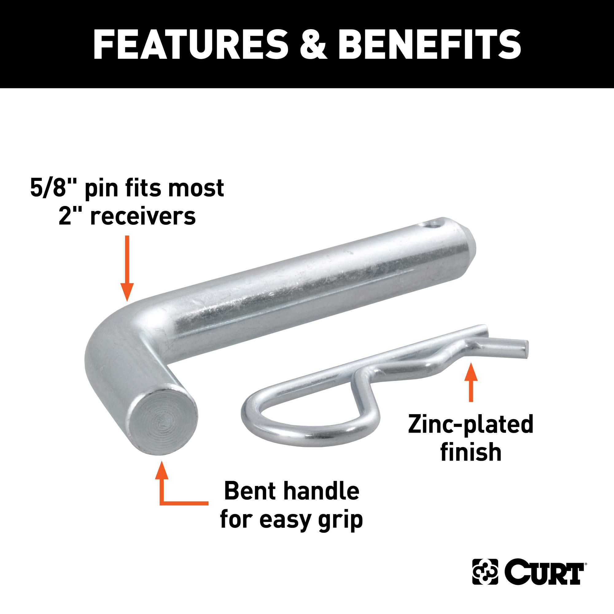 CURT 21500 Trailer Hitch Pin & Clip, 5/8-Inch Diameter, Fits 2-Inch Receiver