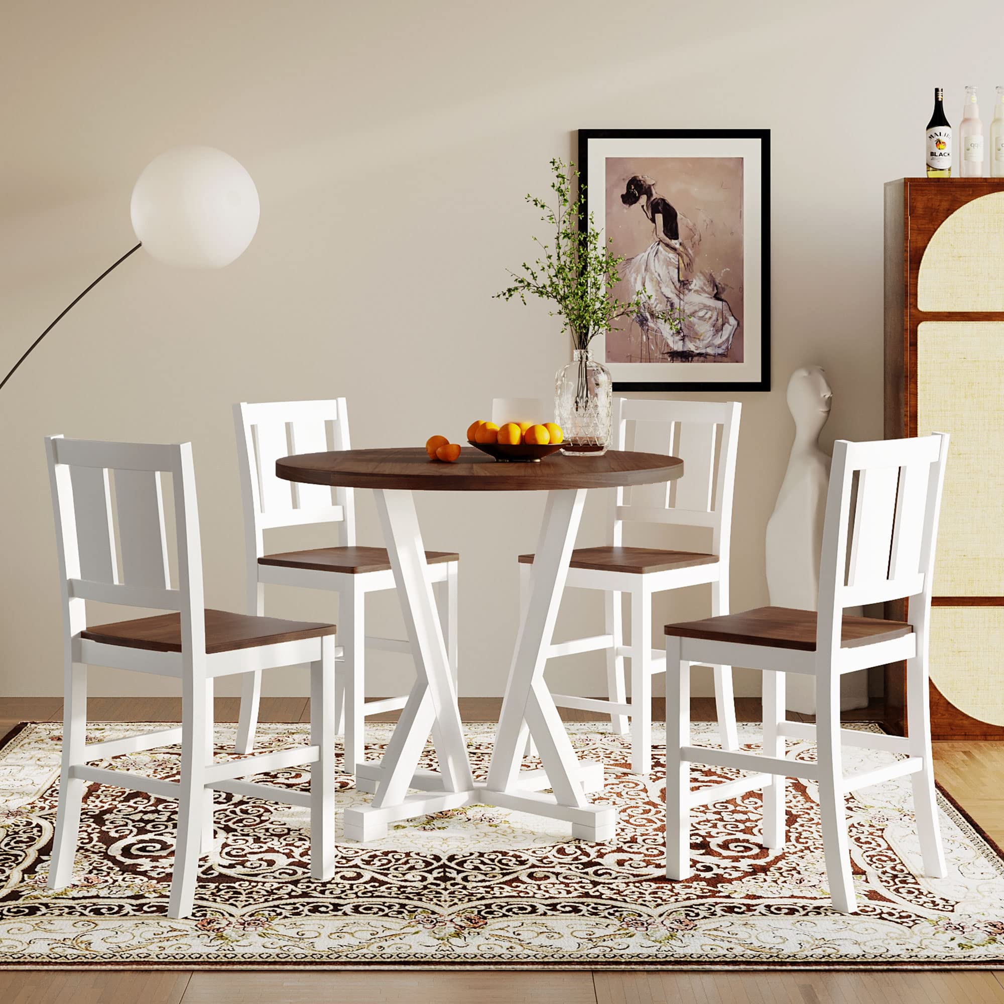 Bellemave Counter Height Round Dining Table Set for 4 High Top Kitchen Table and Chairs 5-Piece Small Wood Dining Room Sets for Apartment, Tall Round Dinette Set for 4, Brown