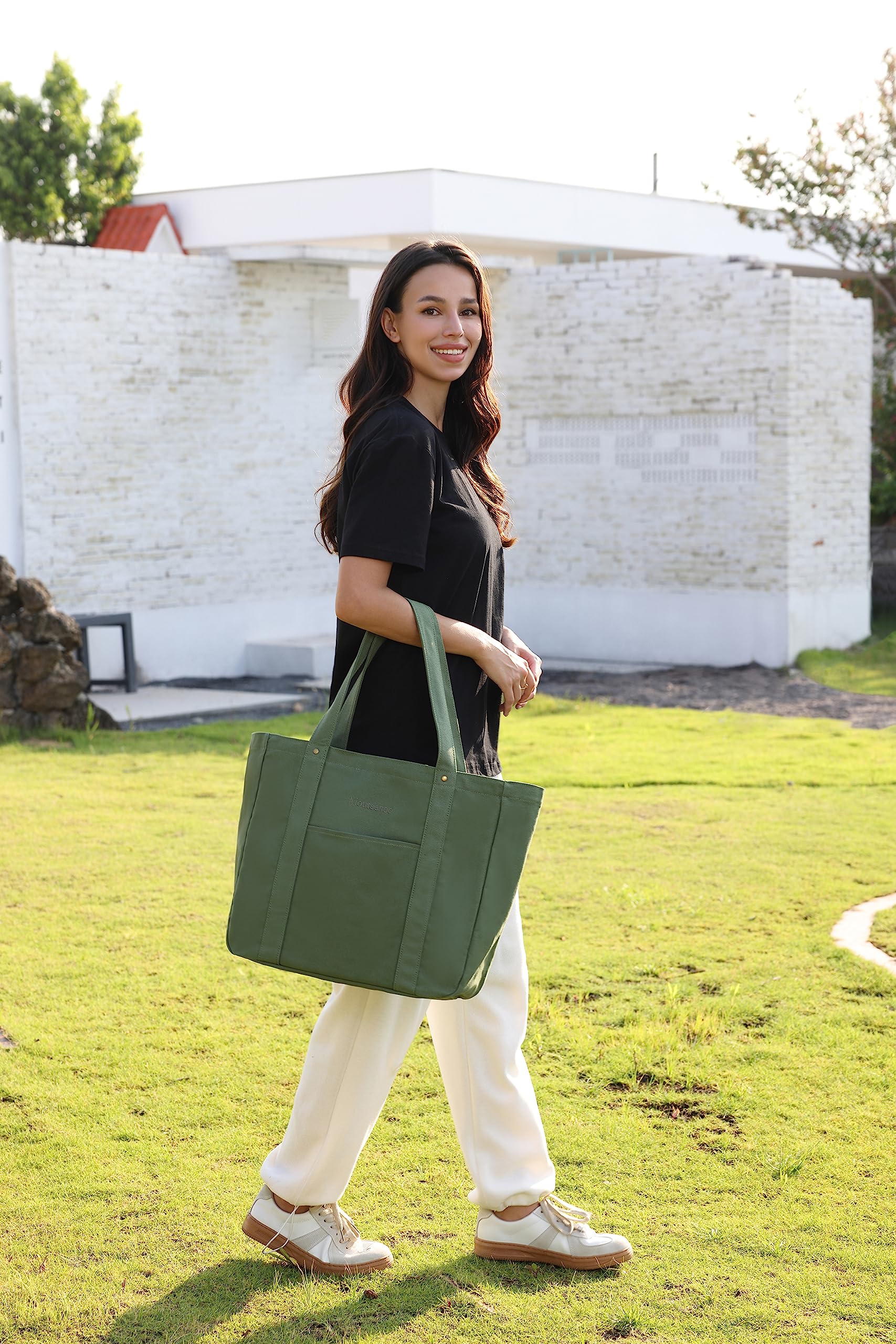Mouteenoo Large Tote Bag for Women with Zipper Closure and Laptop Compartment Canvas Shoulder Bag for Work Holiday and Travel (Army Green)