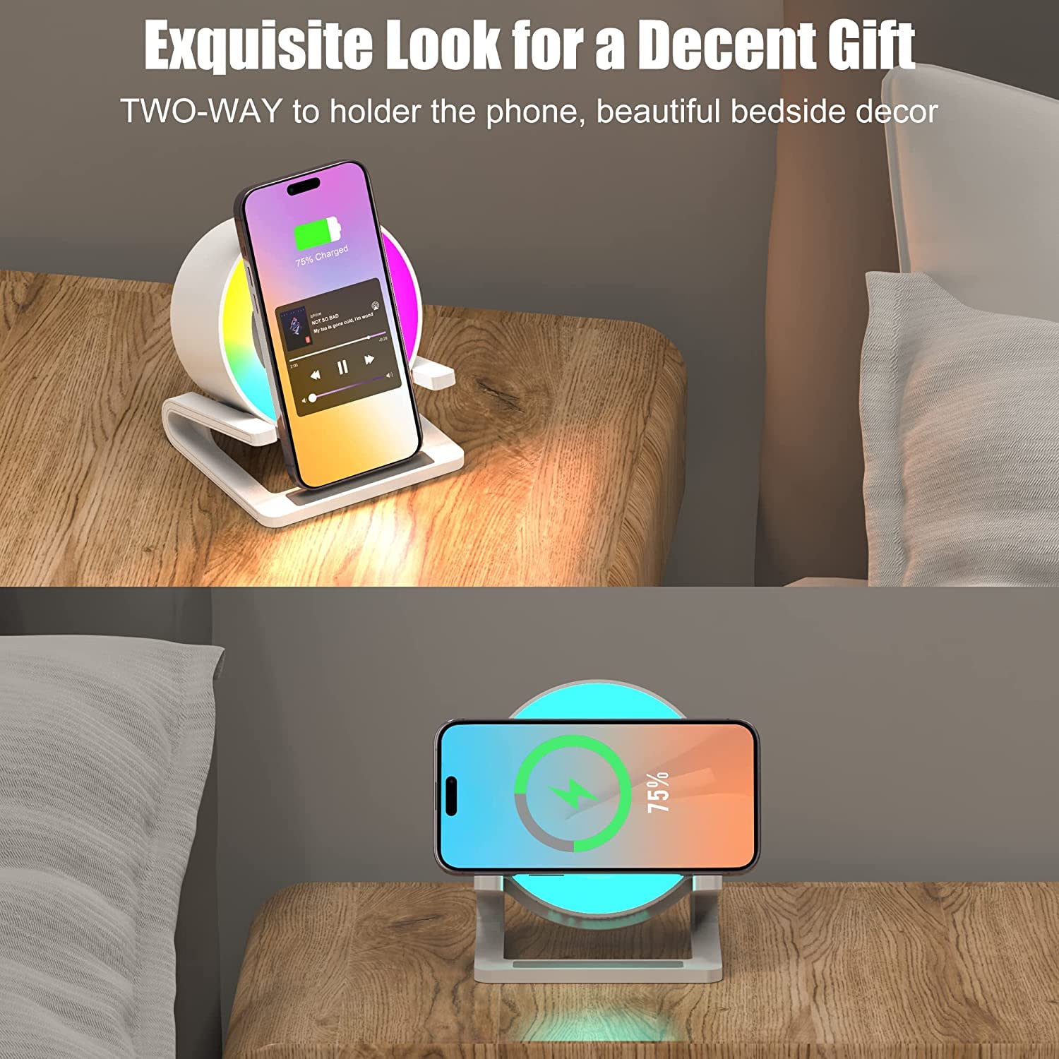 Cell Phone Wireless Charging with Bluetooth Speaker LED Colorful Night Light,Bedside Lamp with Phone Stand 15W Charger for iPhone 14 13 12 11 Pro Max XR XS Plus Samsung Galaxy S21 S20 Note 20 10 etc