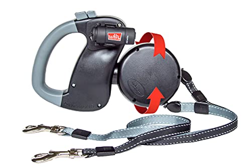 WIGZI Dual Doggie Retractable Leash with Light (L.E.D), No Tangle 360 Coupler, Independent Braking Each Dog up to 50lbs Each Dog with Reflective Leads for Safety,Black & Gray,One Size, Patented