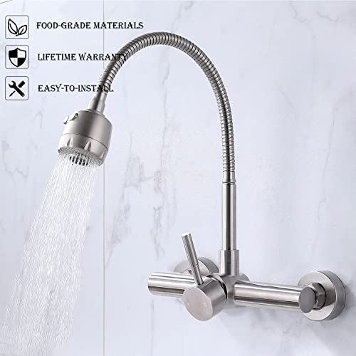Wall Mount Faucet with Sprayer 7.6-8.4 Inch Center, Commercial Kitchen Sink Faucet, Brushed Nickle Stainless Steel Sink Mixer Tap, Laundry Utility Faucets with Pull Down Sprayer, NSF Lead-Free