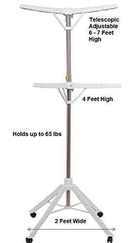 GO2 Drying Rack 2-Tier 60 Garments Plus 60 Clips, 50lbs Load Capacity, Foldable, Stainless Steel, Sturdy 4 Legs with Wheels (White)