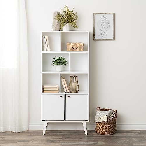 Prepac Milo Mid-Century Modern Bookcase with Six Shelves, Two Doors, and Brushed Brass-Finished Knobs