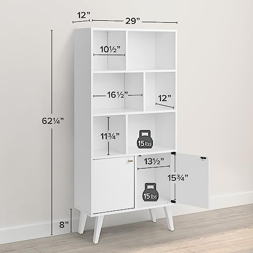 Prepac Milo Mid-Century Modern Bookcase with Six Shelves, Two Doors, and Brushed Brass-Finished Knobs
