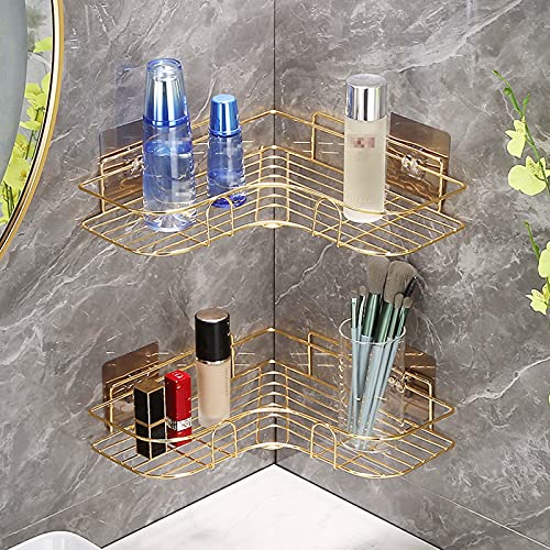 YZPFSD 2-Pack Shower Caddy Shelf, Suction Tray, Steel Storage Organizer for Bathroom,Kitchen,Laundry - Razor,Shampoo Holder Organizer,No Drilling Adhesive Only for 90 Degrees Right Angle,Gold