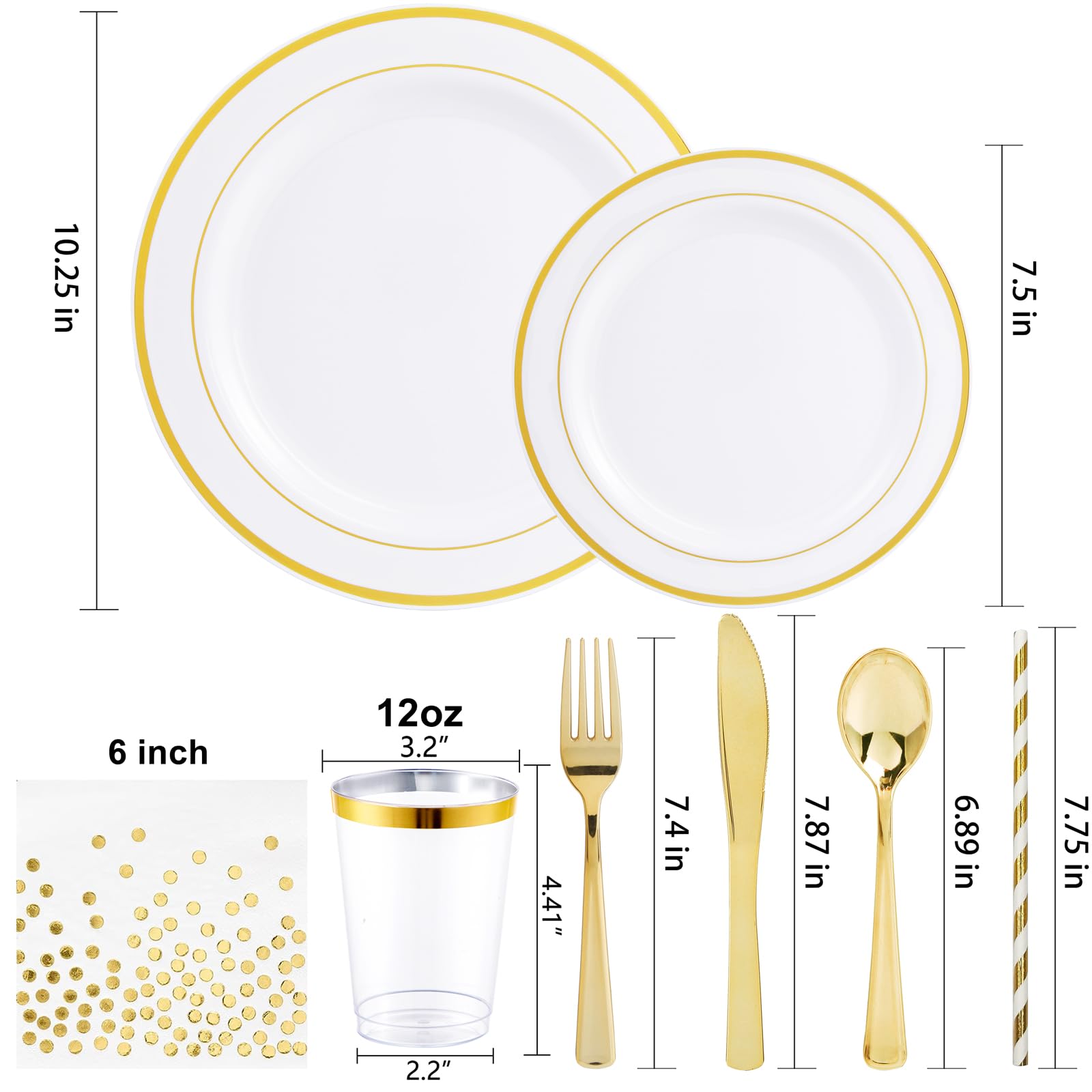 Ciaell 250PCS White and Gold Plastic Plates - Gold Disposable Plastic Plates Sets include 50Plates, 25Knives, 25Forks, 25Spoons, 25Mini Fork, 25 Cups, 25Paper Straws, 50Napkins for Thanksgiving, Party
