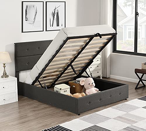 Lift Up Bed with Storage, Platform Bed Frame Full Size with Headboard, Lift Up Storage Bed with, Full Upholstered Bed with Hydraulic Storage System, Grey(Button-Tufted)