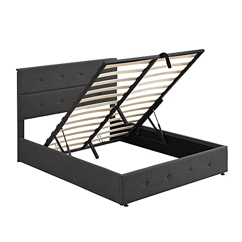 Lift Up Bed with Storage, Platform Bed Frame Full Size with Headboard, Lift Up Storage Bed with, Full Upholstered Bed with Hydraulic Storage System, Grey(Button-Tufted)